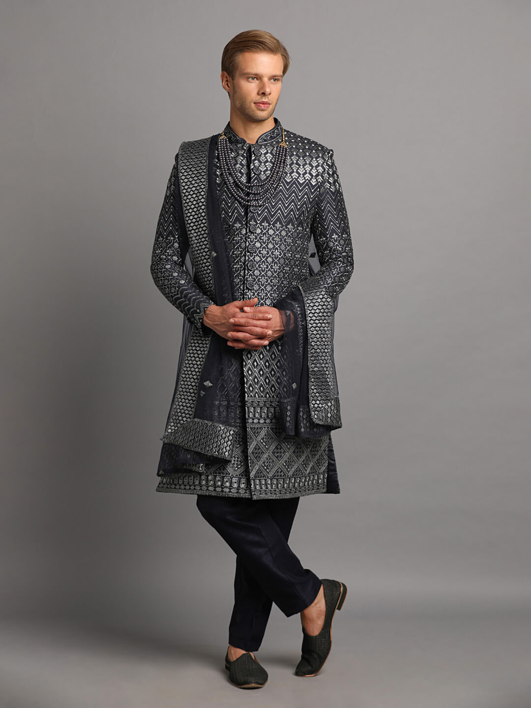 Rent Wine Silver Dupatta Sherwani - Luxe Wedding Attire