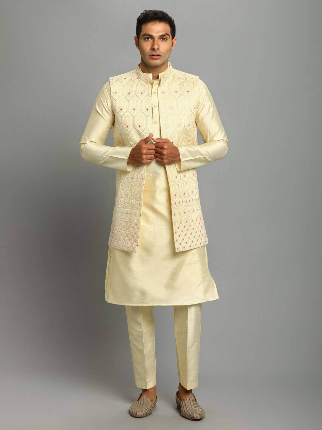 Rent Cream Pink Dotted Embroidered Kurta Bandi Ethnic Wear