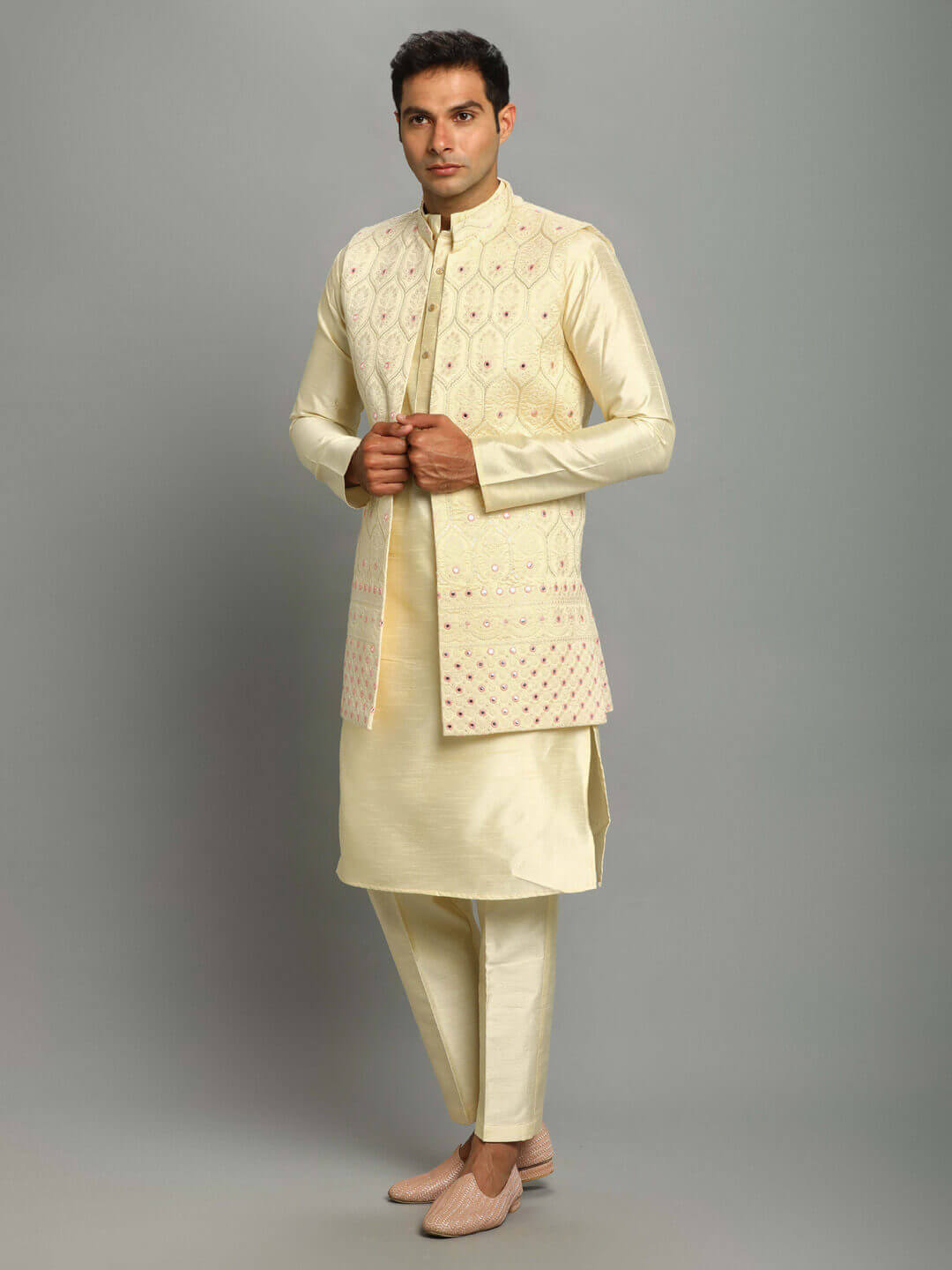 Rent Cream Pink Dotted Embroidered Kurta Bandi Ethnic Wear
