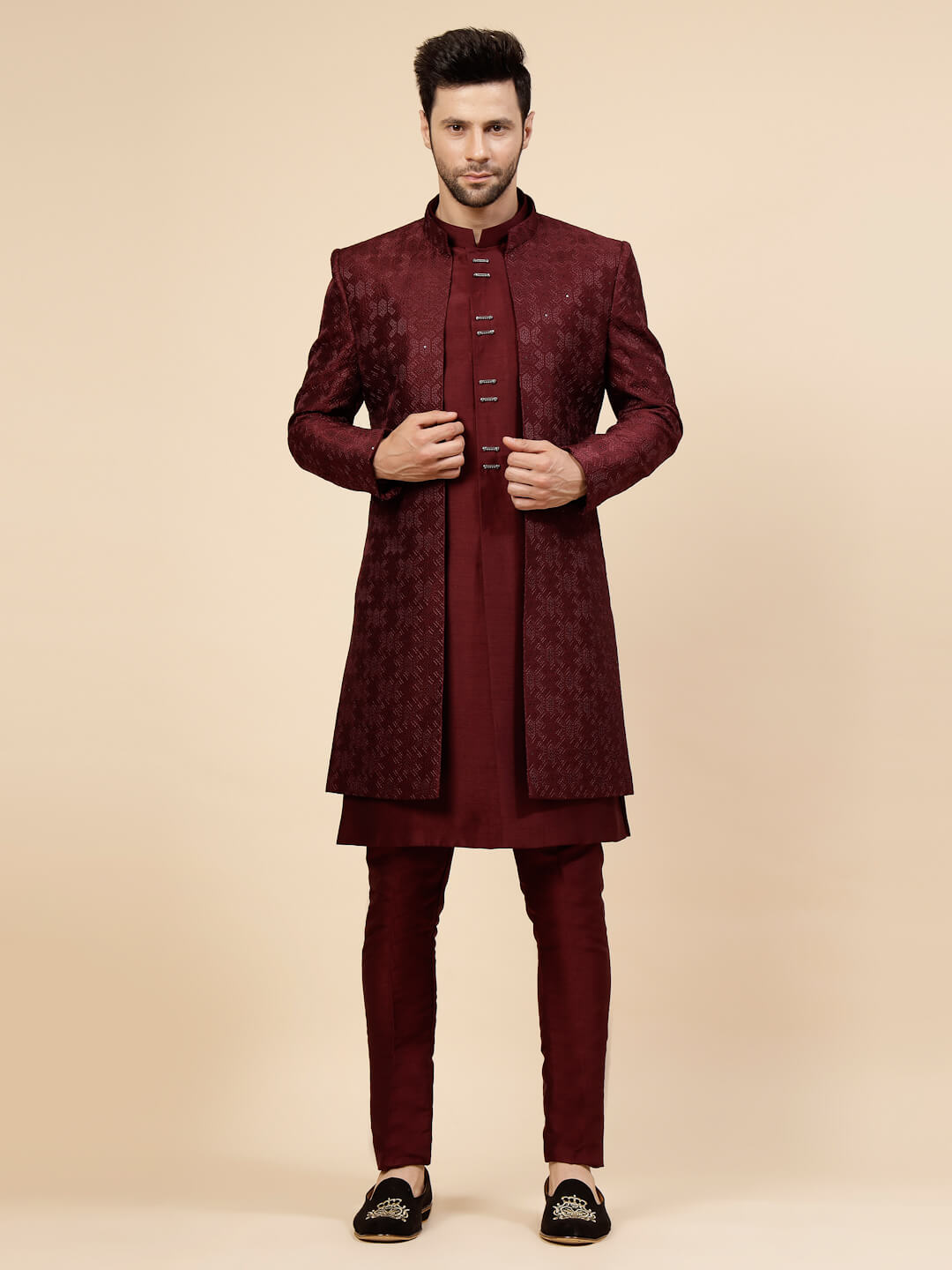 Rent Maroon Threaded Over Jacket Sherwani – Regal & Elegant