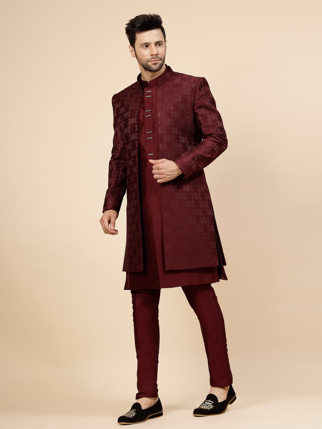Rent Maroon Threaded Over Jacket Sherwani – Regal & Elegant