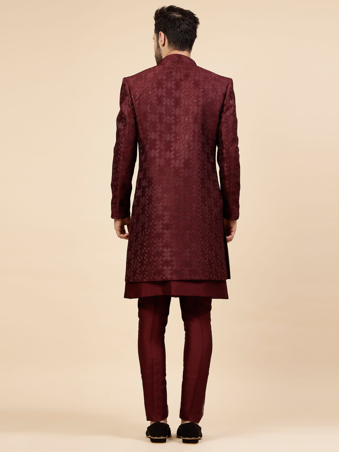 Rent Maroon Threaded Over Jacket Sherwani – Regal & Elegant