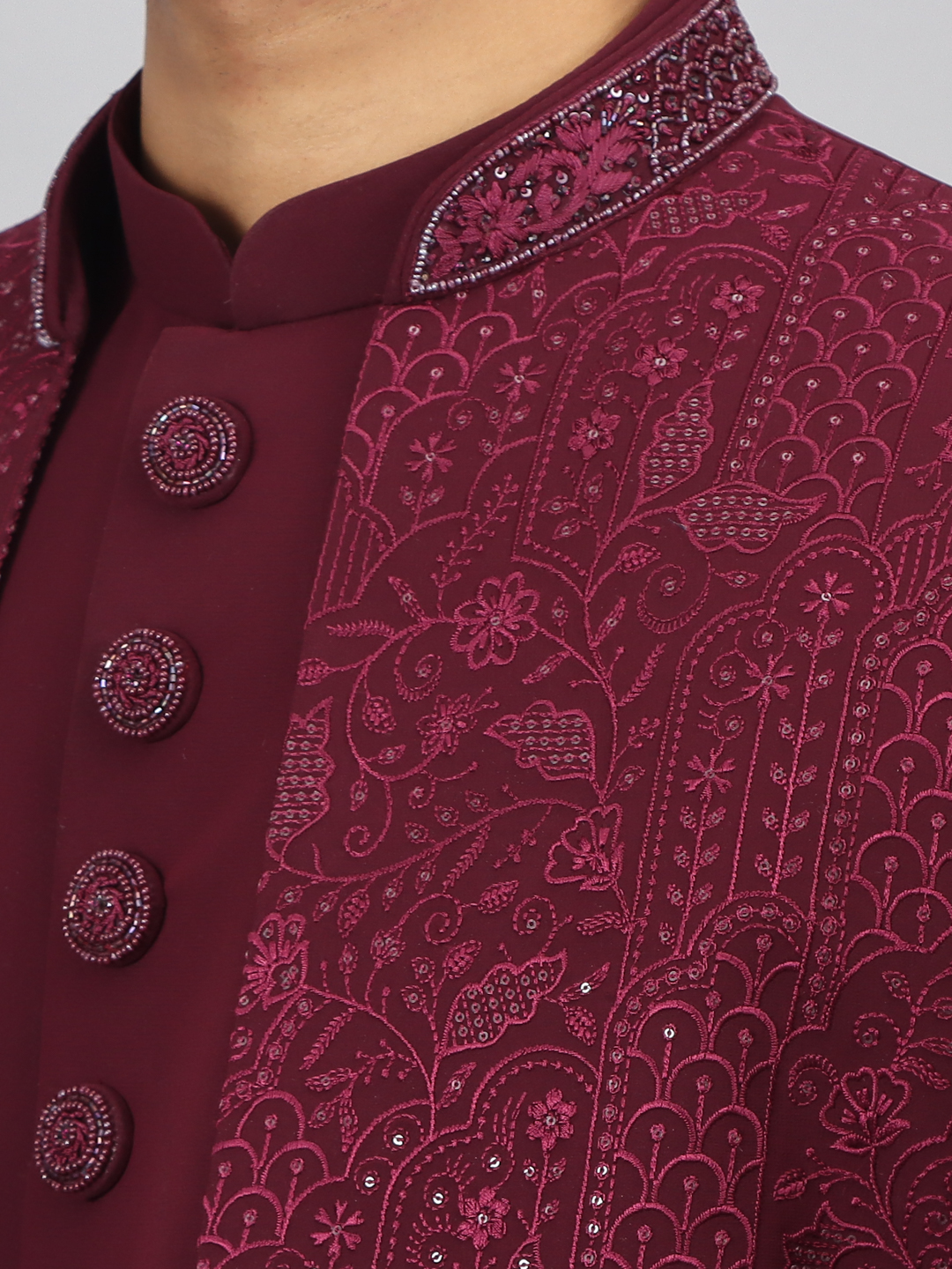 Rent Rani Pink Self Embroidered Open Jacket IndoWestern