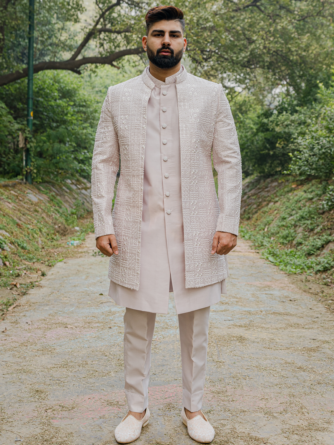 Rent White Square Embroidered Open Jacket Indowestern