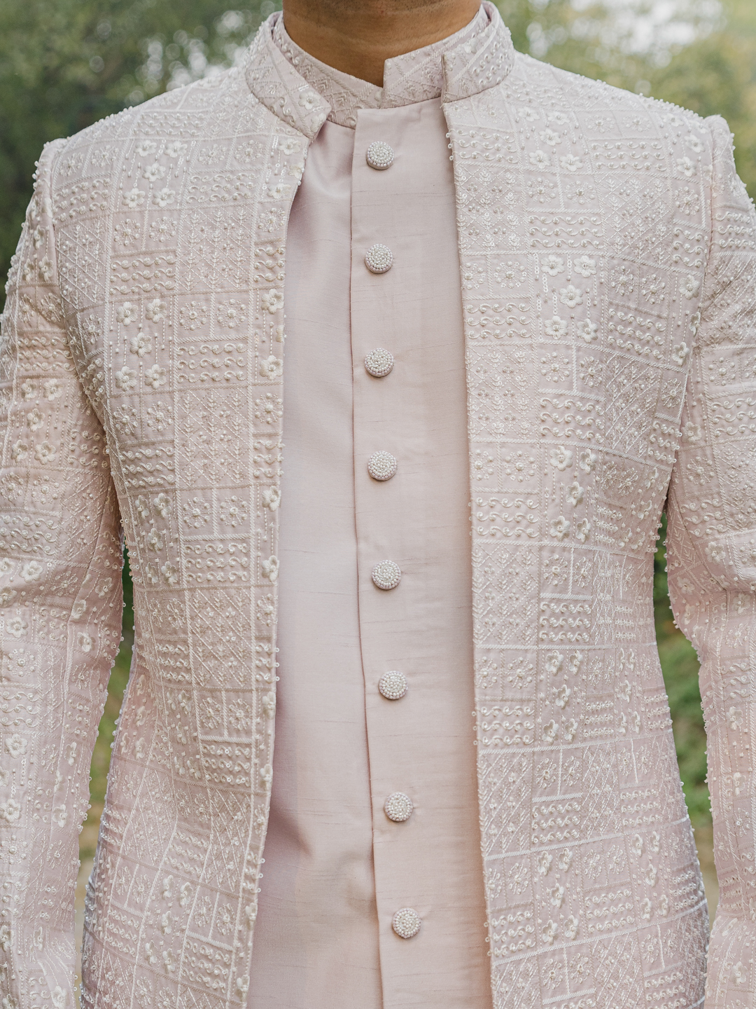 Rent White Square Embroidered Open Jacket Indowestern